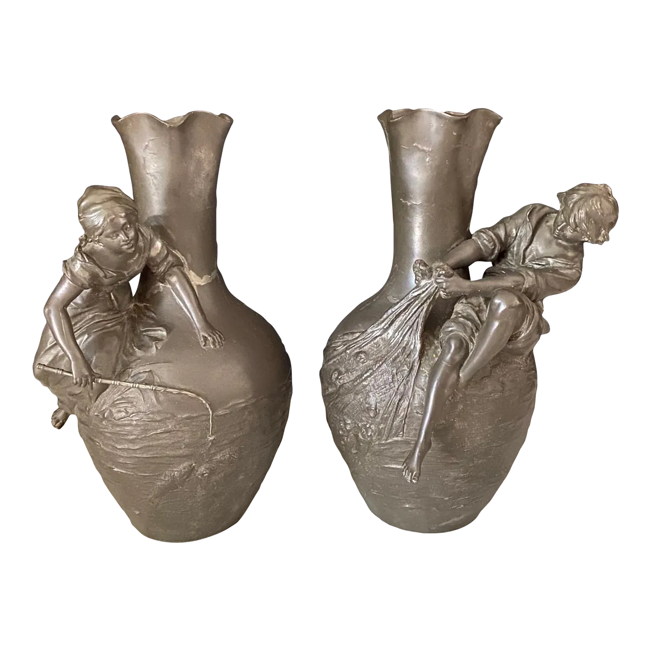 Auguste Moreau Signed French Art Nouveau Sculptural Vases -A Pair ...