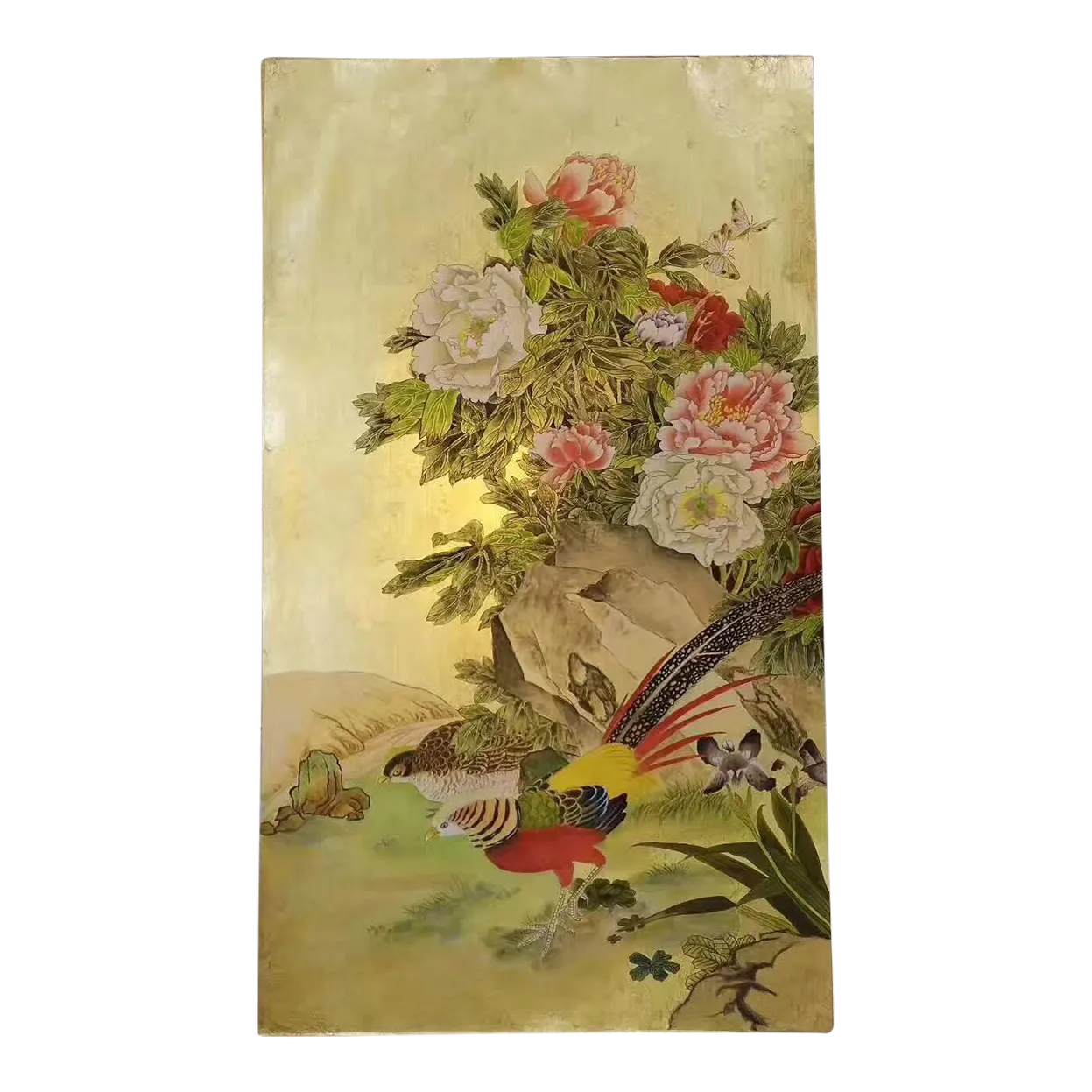 Chinoiserie Hand Painted Artwork on Gold Metallic Wallpaper Panel ...
