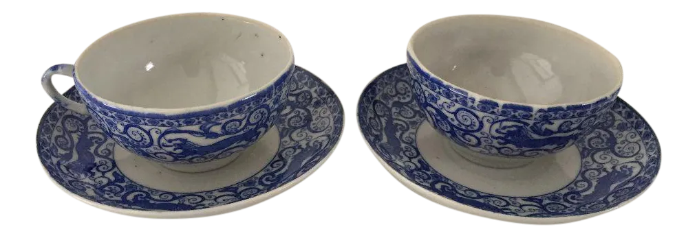 Antique Asian Lion Motif Tea Cups & Saucers - Service for 2 | Chairish