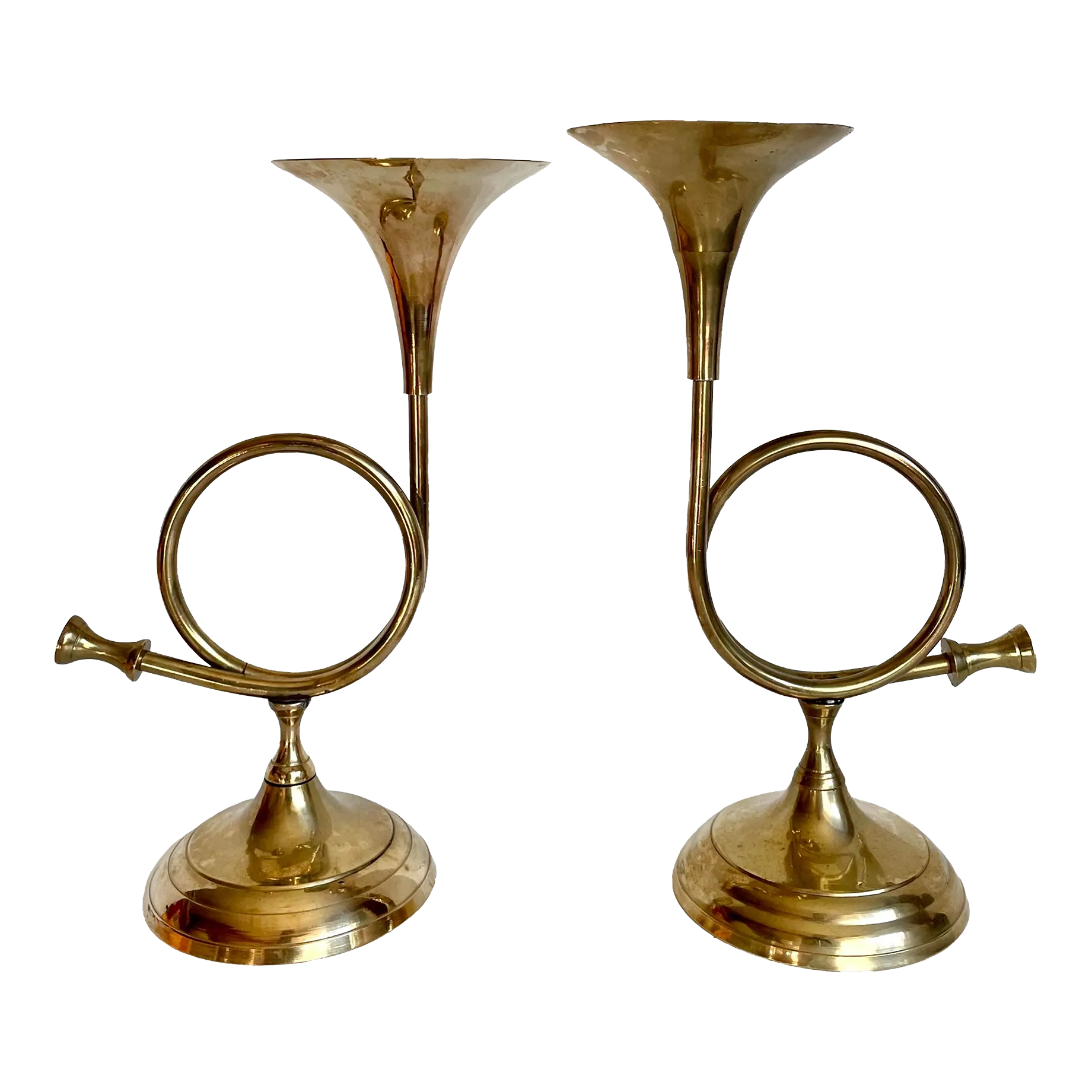 Pair of Brass French Horn Candlestick Holders | Chairish