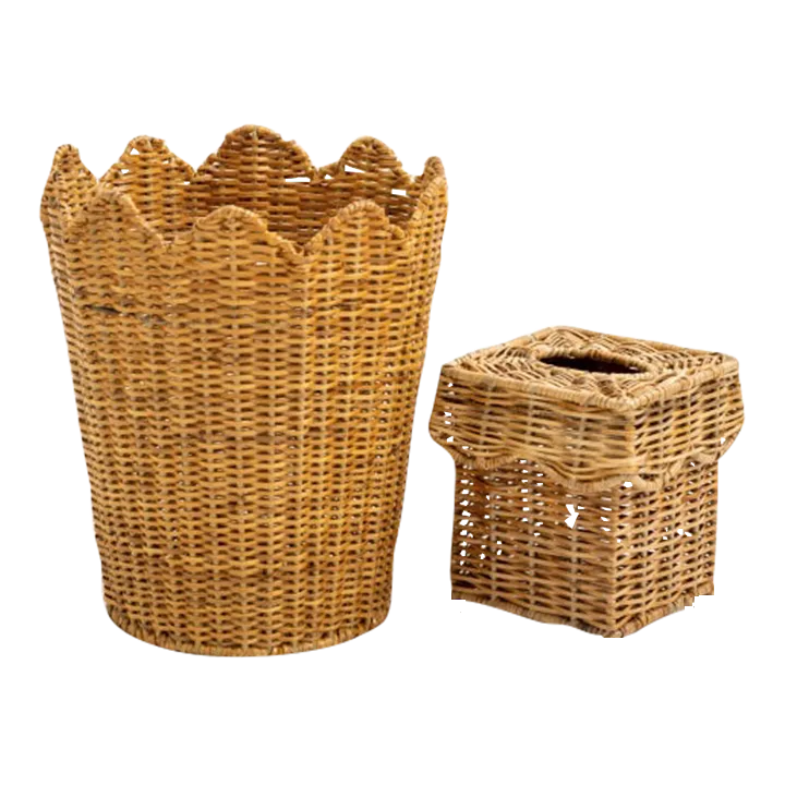 Scalloped Wicker Waste Basket and Tissue Box Set, Natural | Chairish