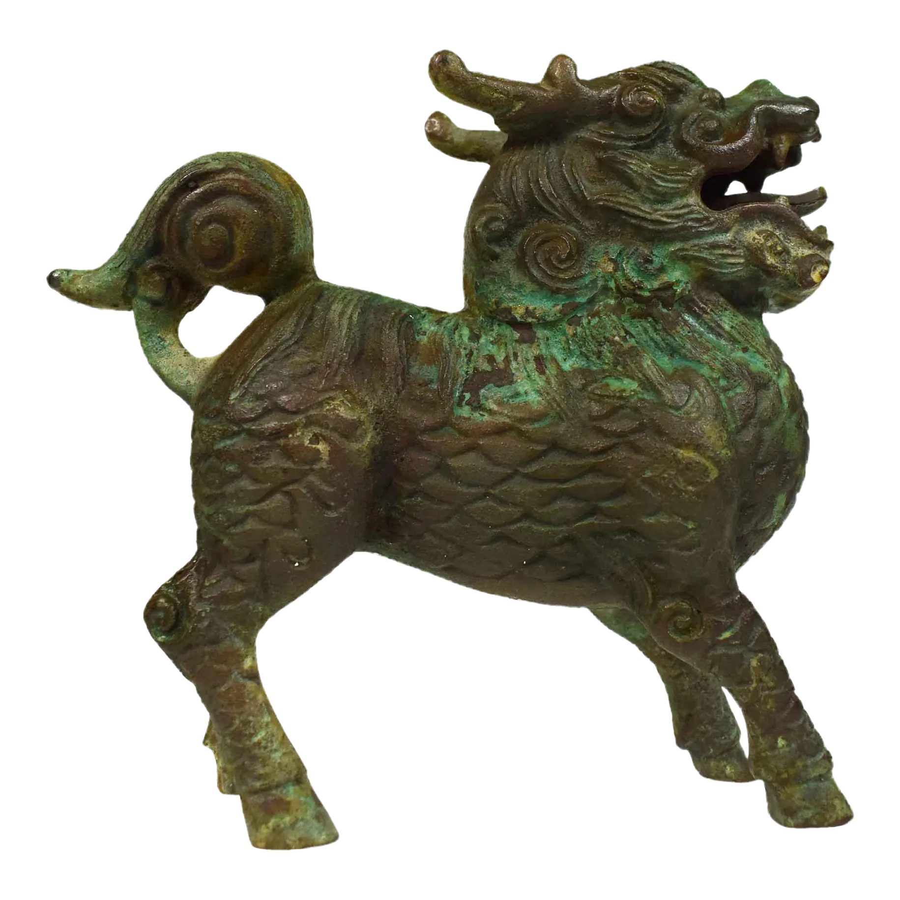 Early 20th Century Bronze Chinese Suanni Lion Dragon Figurine | Chairish