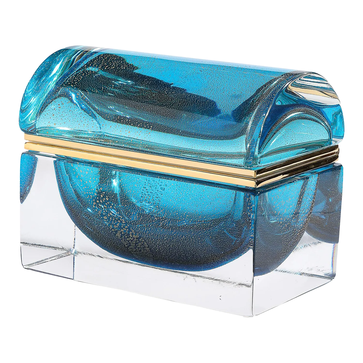 Modernist Hand-Blown Murano Glass Box in Aquamarine W/ 24 Karat Gold ...