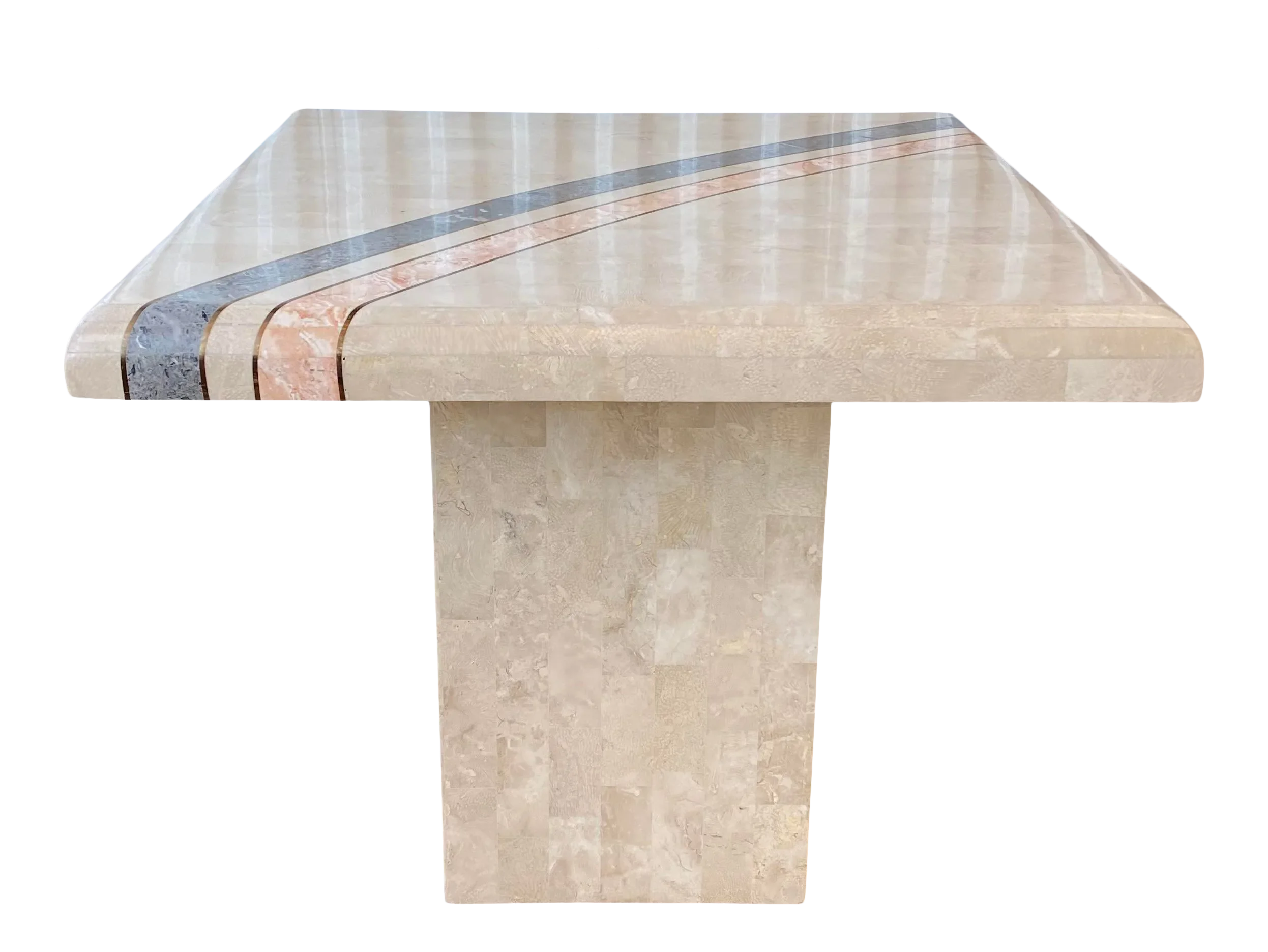 80s Inlaid Stone and Brass Inlay Pedestal Side Table | Chairish