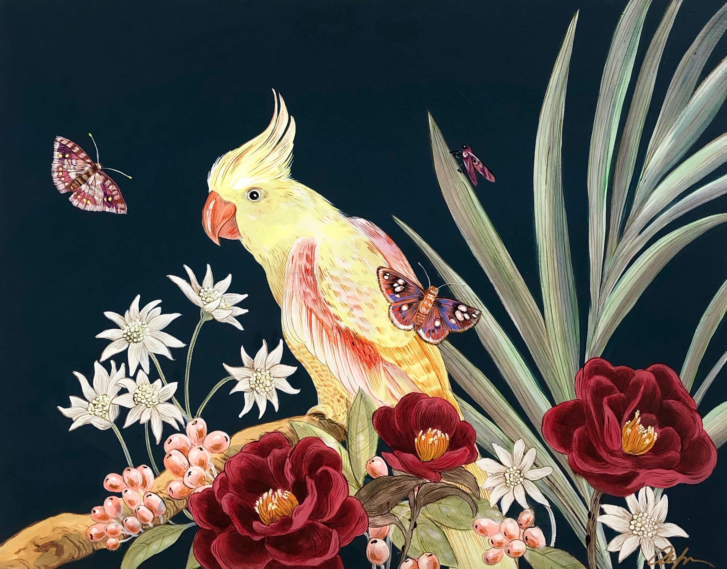 "Tropical Therapy" Chinoiserie Parrot Painting by Allison Cosmos | Chairish