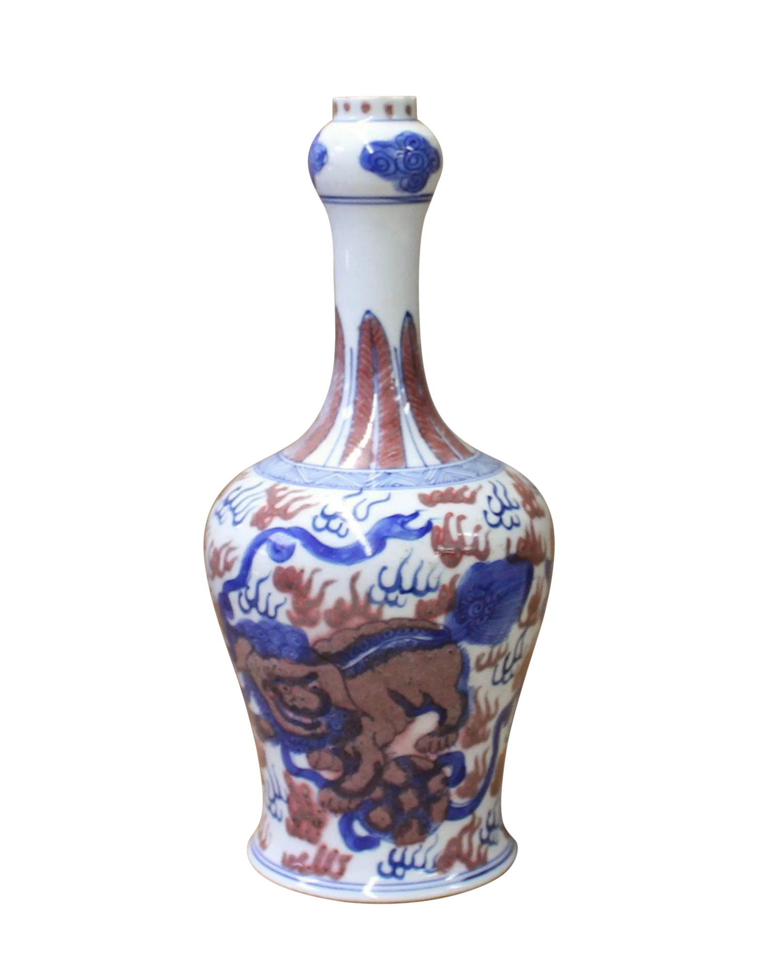 Chinese Red Blue White Porcelain Handpainted Foo Dog Small Vase | Chairish