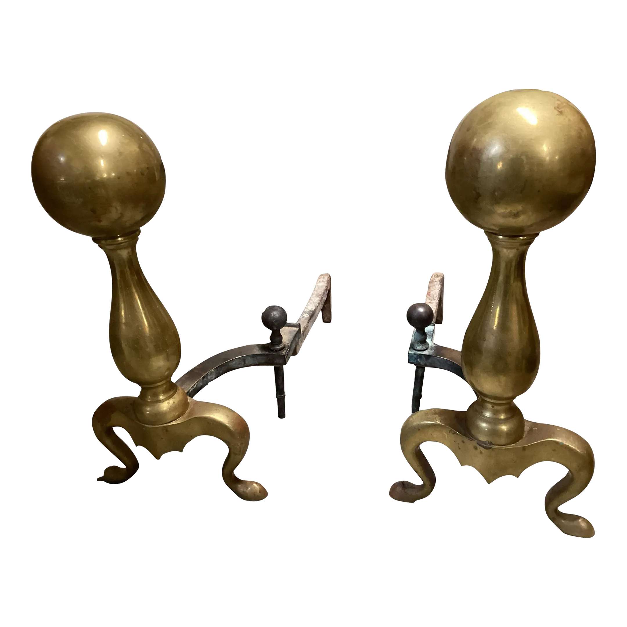 Large 1940s Brass Cannonball Andirons- a Pair | Chairish