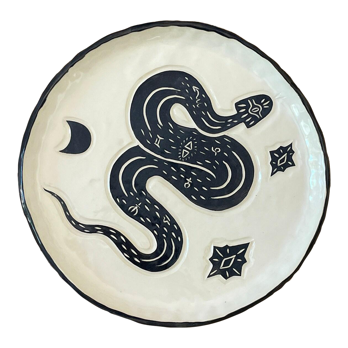 Snake Spirit Plate, White Clay With Black Design | Chairish