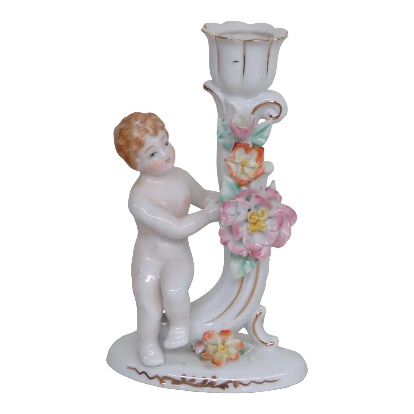 Porcelain Cherub and Flower Figurine Candle Holder | Chairish