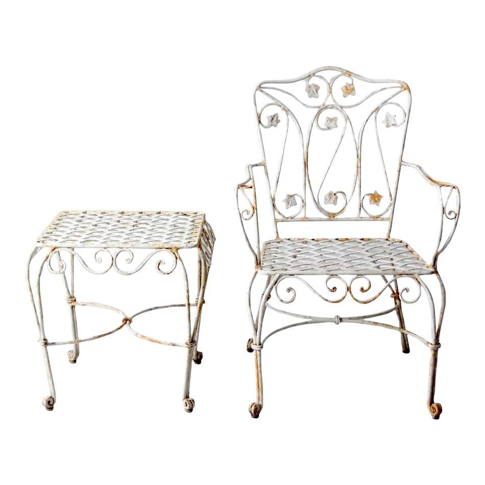 Vintage Wrought Iron Arm Chair and Table Set | Chairish