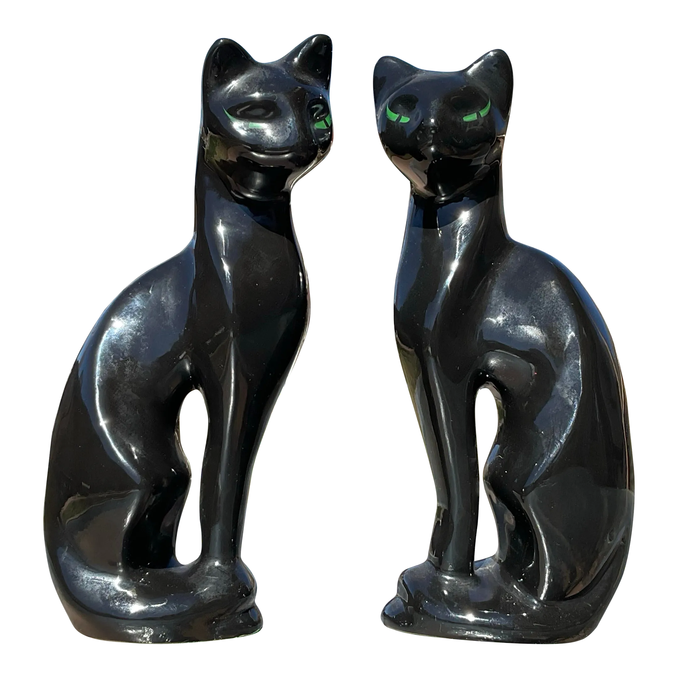 Mid Century Pair of Black Atomic Cats With Green Eyes | Chairish