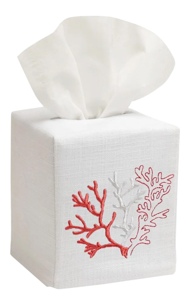Red Coral Tissue Box Cover White Linen & Cotton, Embroidered | Chairish