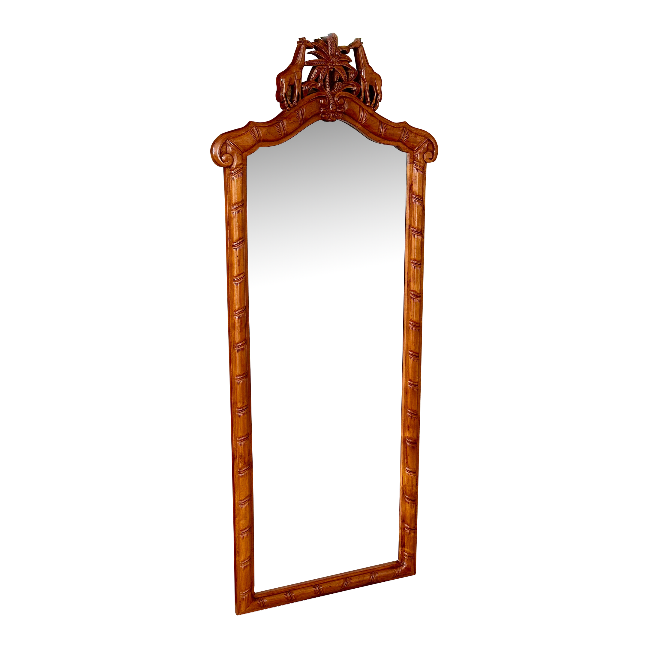 Vintage Boho Carved Wood Giraffe Palm Tree Wall Mirror | Chairish
