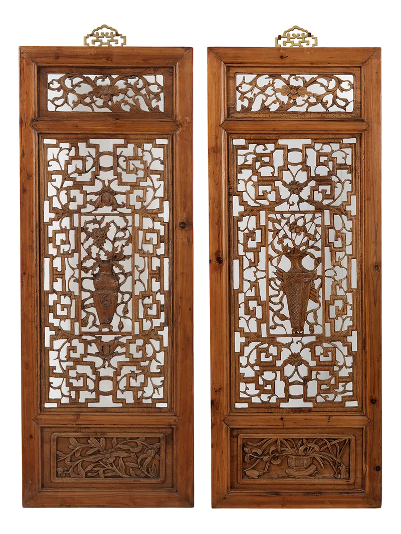 Carved Window Panels with Flower Vases, Set of 2 | Chairish