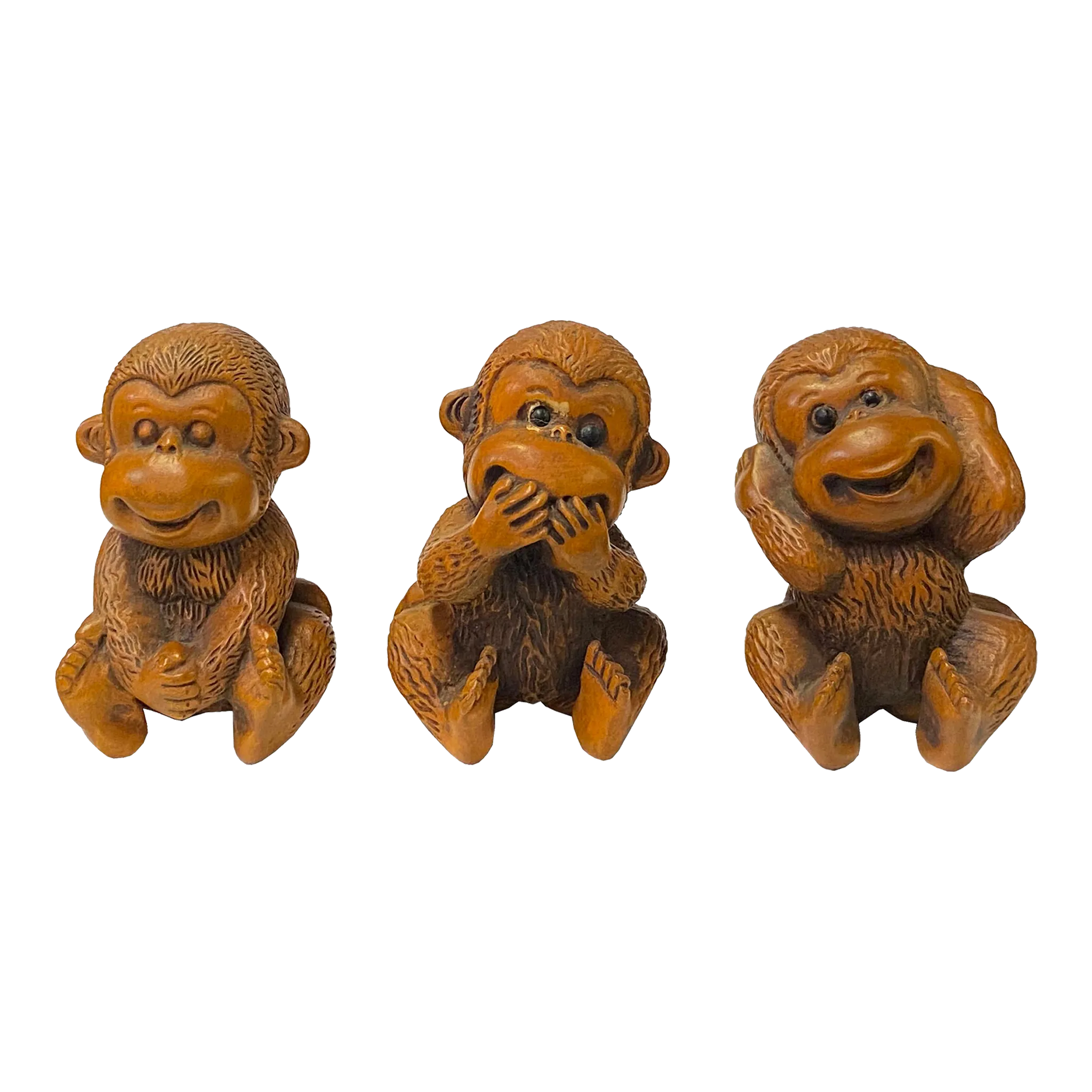 Chinese 3 Pieces Wood Carved Mini Monkey Figures | Chairish