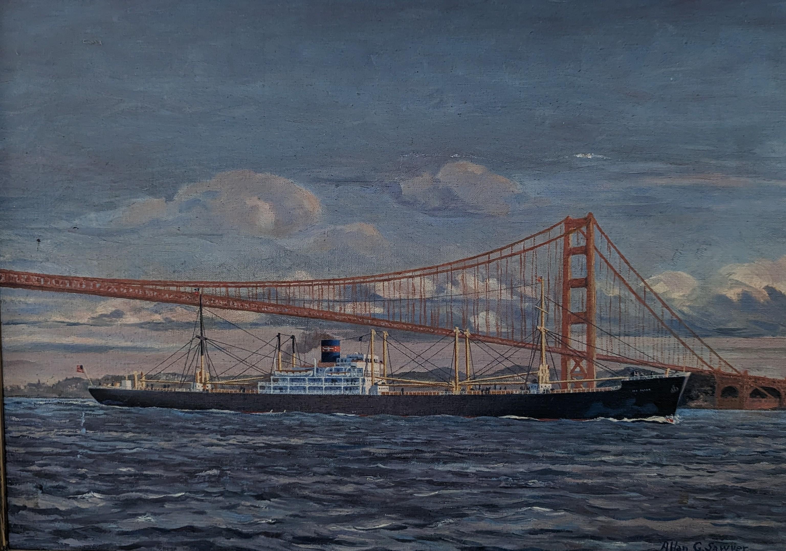 Allan G. Sawyer 1939 Painting of Golden Gate Bridge With Ship | Chairish