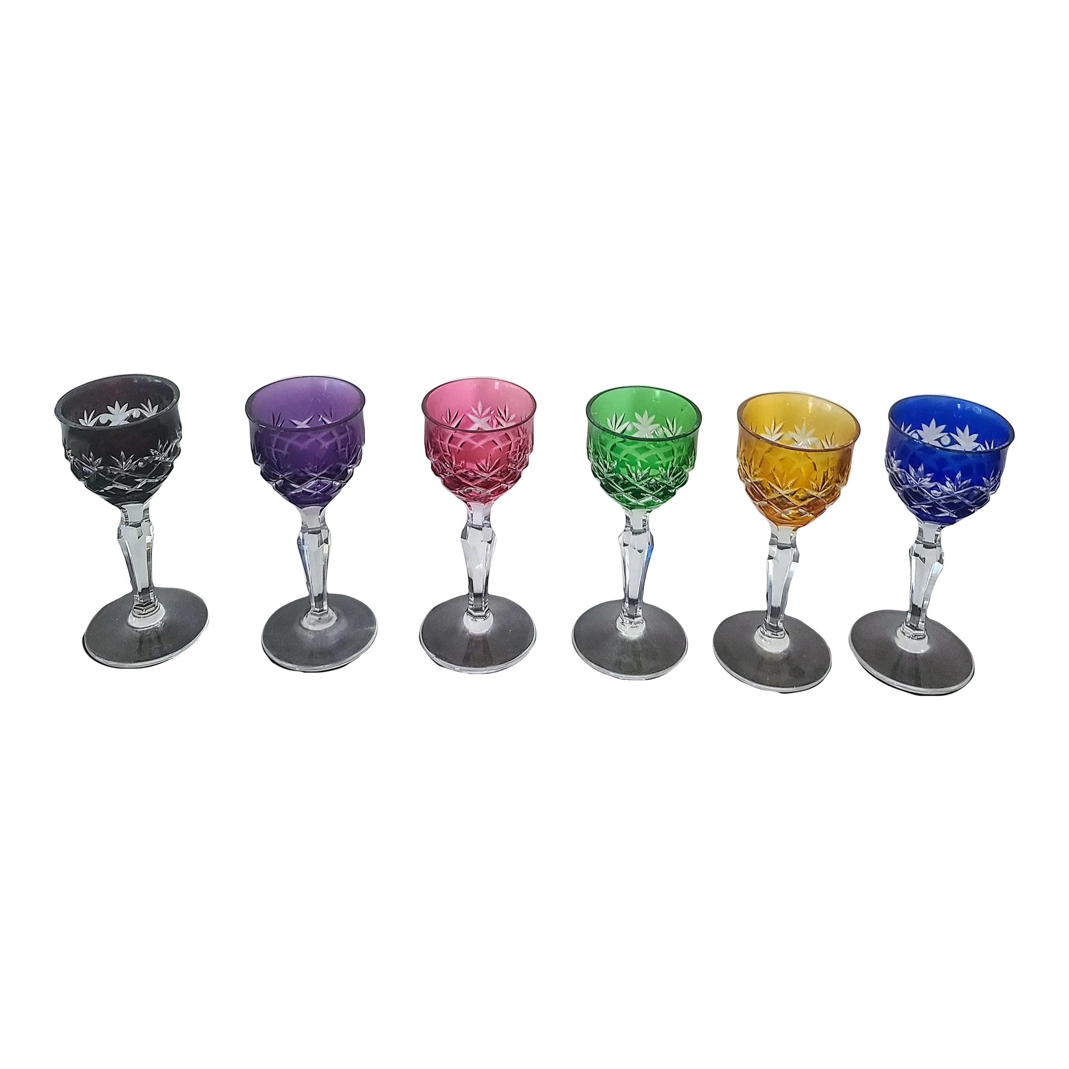 Set of 6 Bohemian Color Overlay Cut Crystal Cordial Glasses, 1940s ...