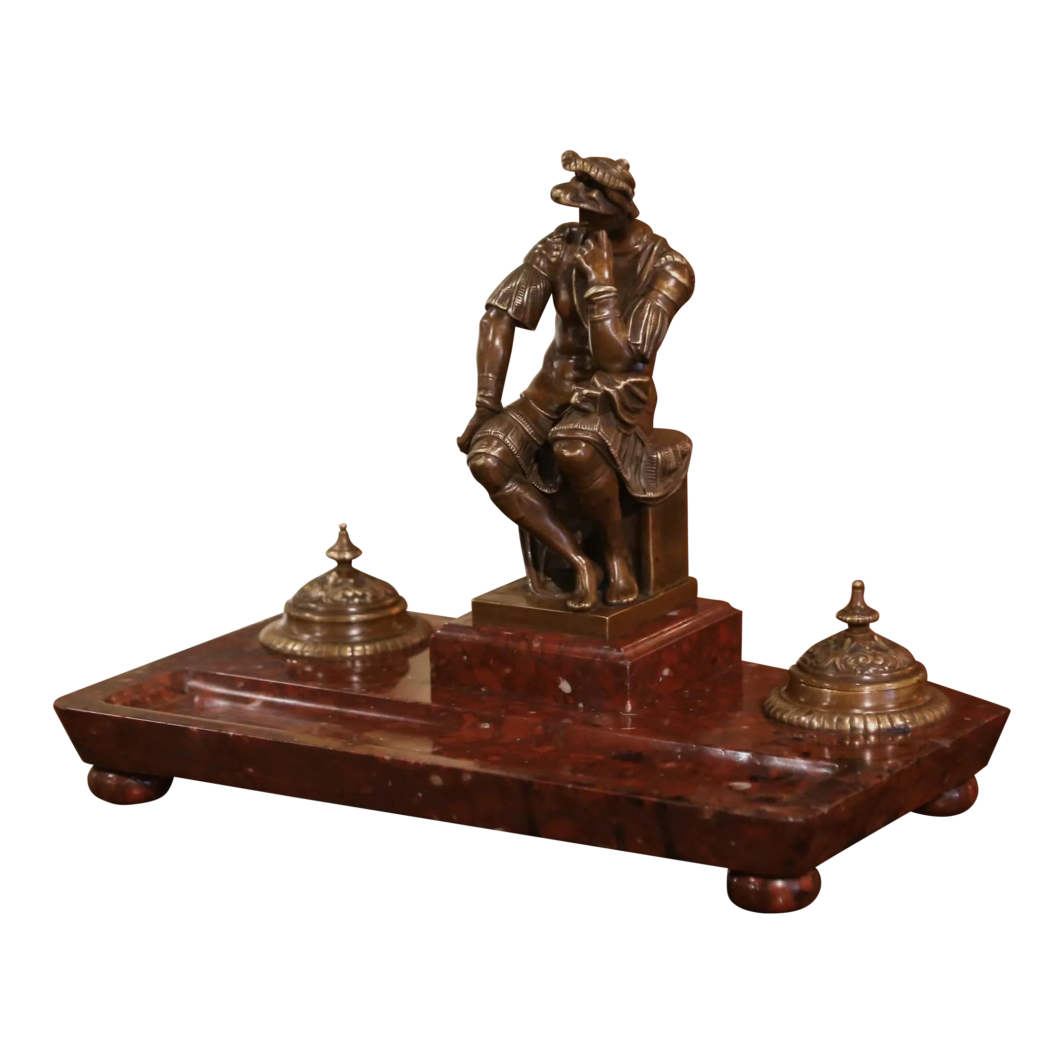 19th Century French Bronze Inkwell With Roman Figure on Brown Marble ...