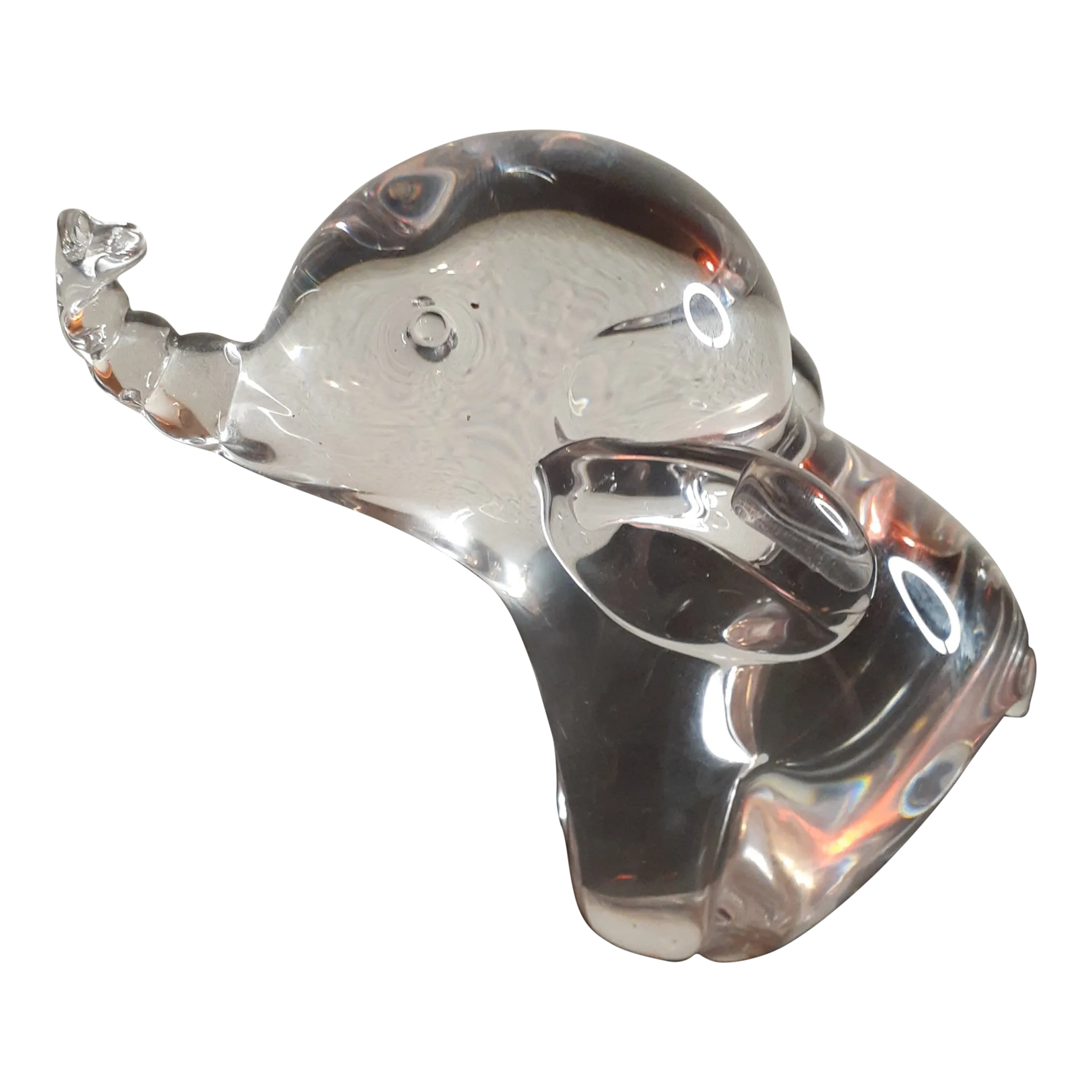 1960s Artist Signed Clear Art Glass Trunk Up Elephant Figurine | Chairish