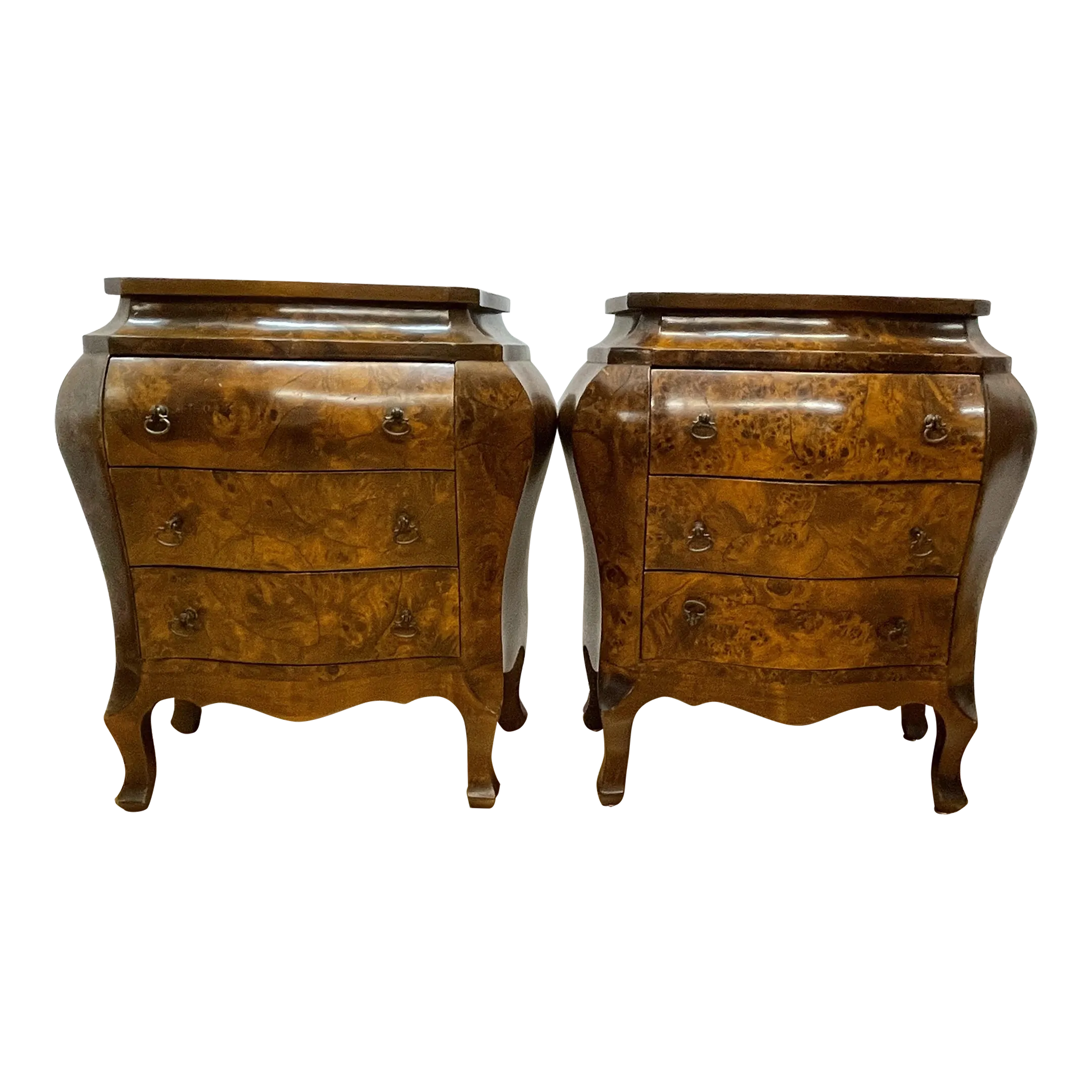 Pair of Three Drawer Bombe Commodes | Chairish