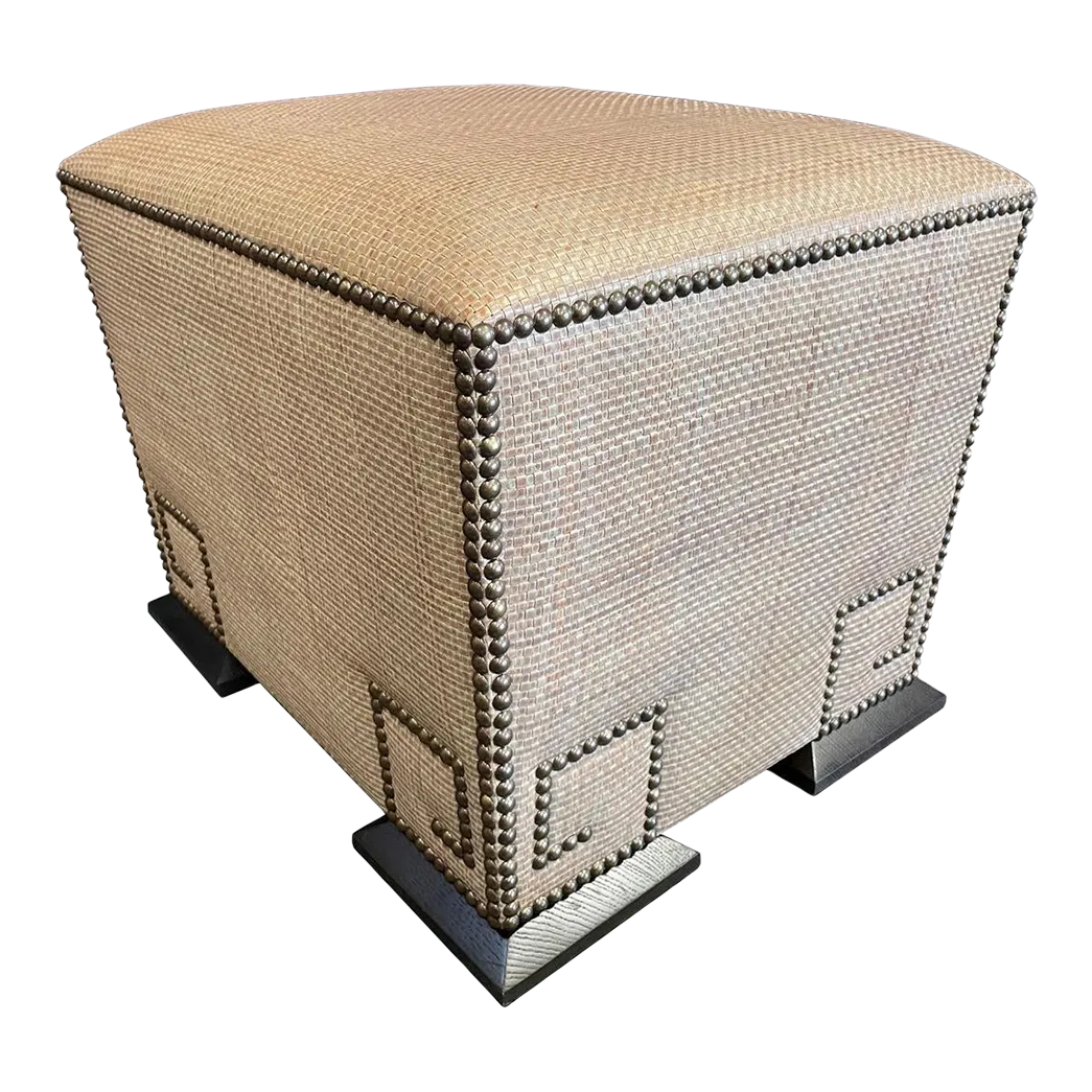 Mahogany & Upholstery Greek Key Ottoman With Brass Nailheads From the ...
