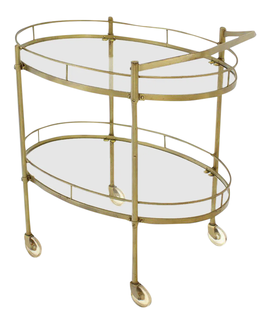 Mid-Century Modern Oval Brass and Glass Two Tier Tea Cart | Chairish
