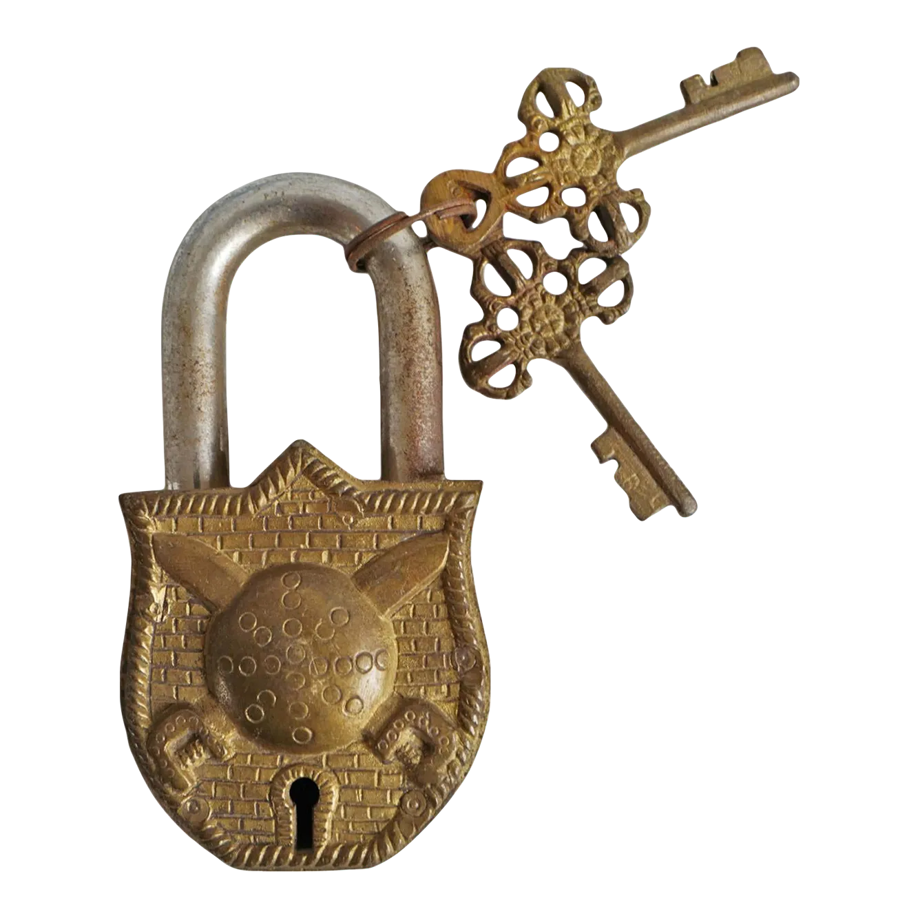 Vintage Brass India Sword & Shield Lock | Chairish