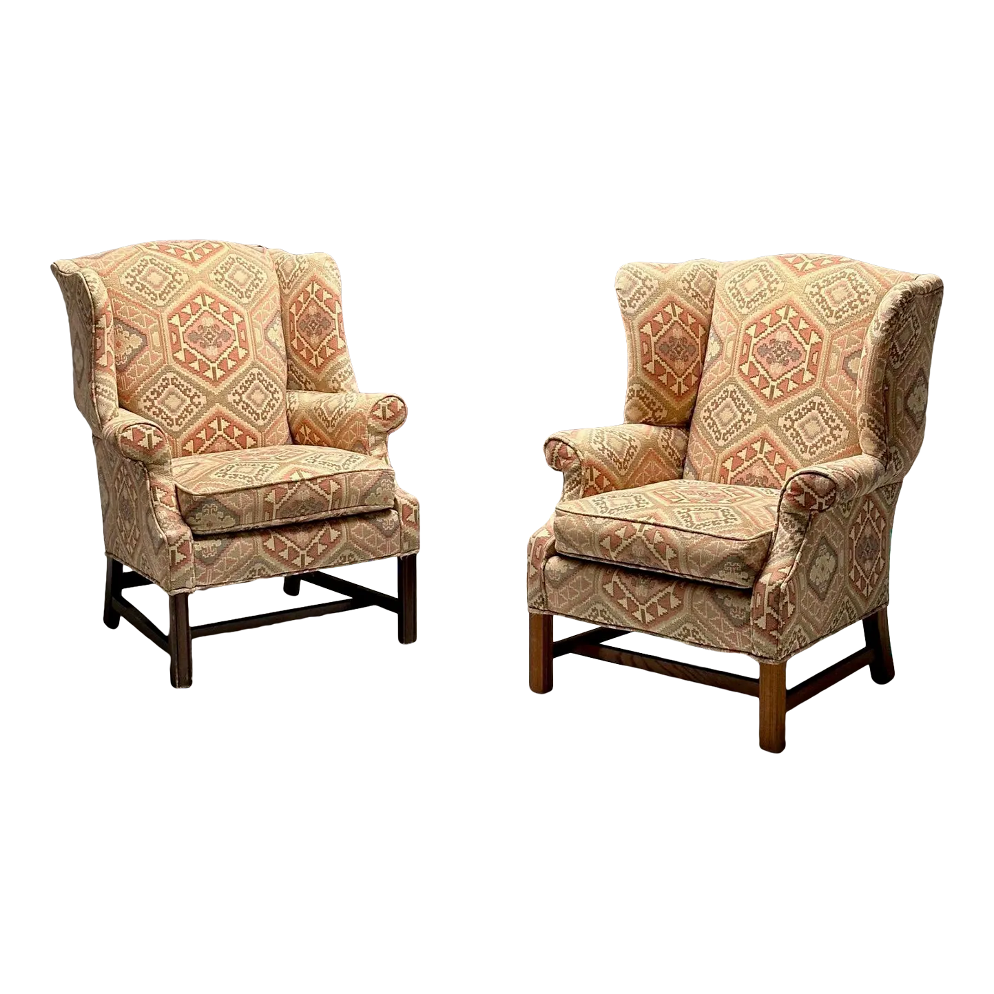 English Georgian Style, Wingback Chairs, Pink Aztec Print, Tapestry ...