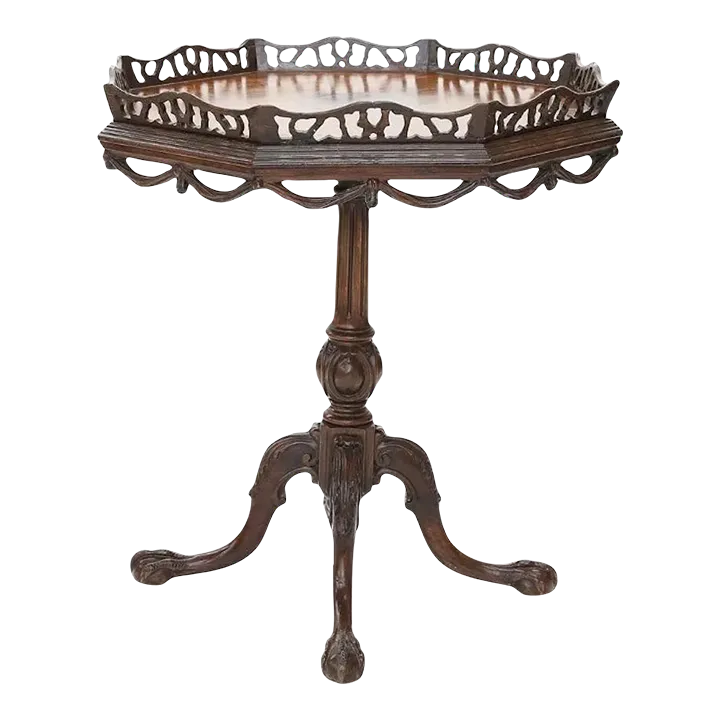 Vintage Walnut Octagonal Chippendale Side Table | Chairish