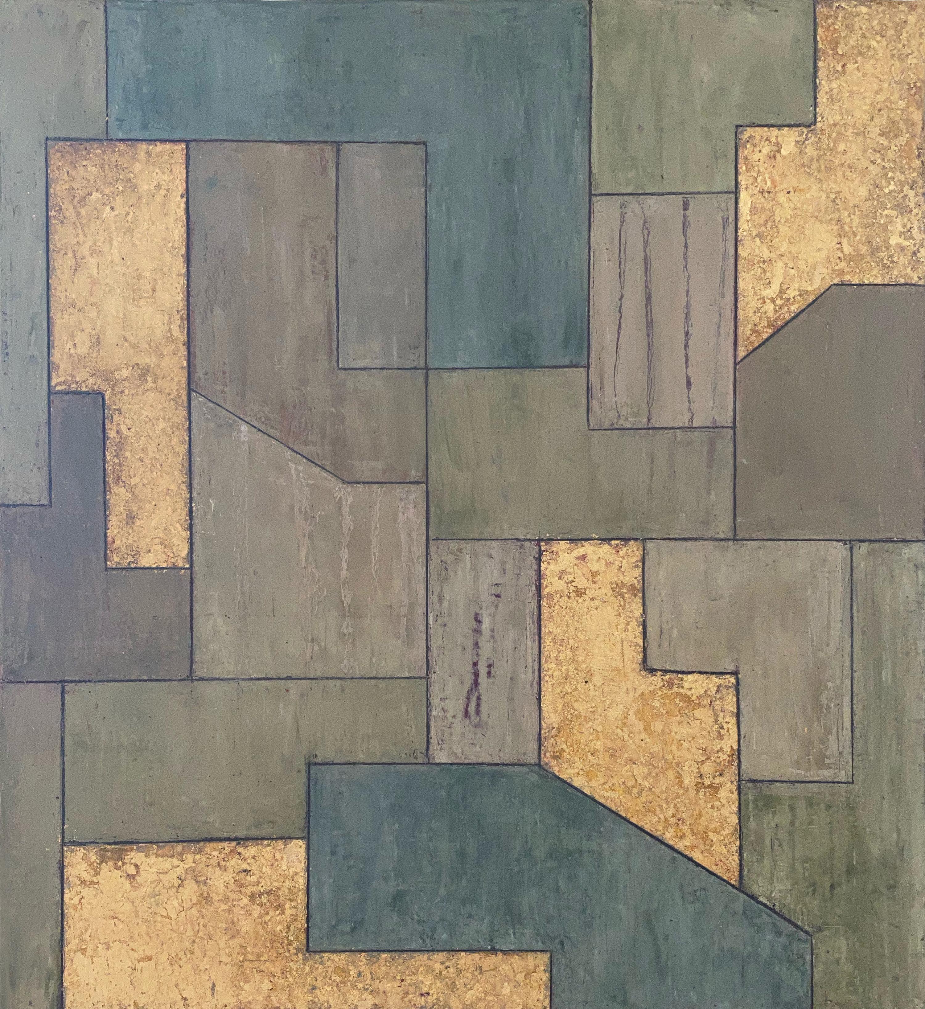 Contemporary Geometric Abstract Oil Painting With Gold Leaf by Stephen ...