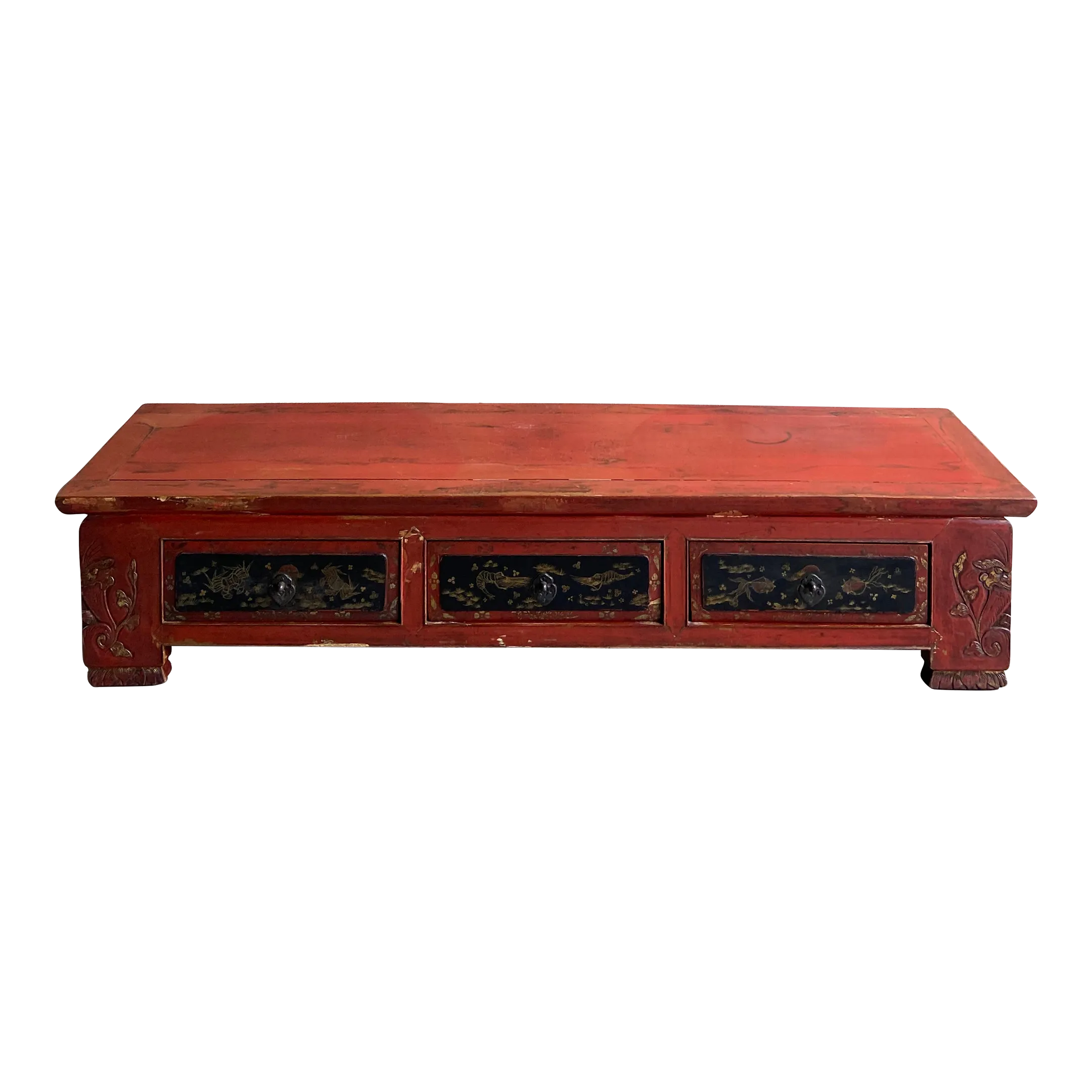 Vintage Asian Low Console Table With Drawers | Chairish