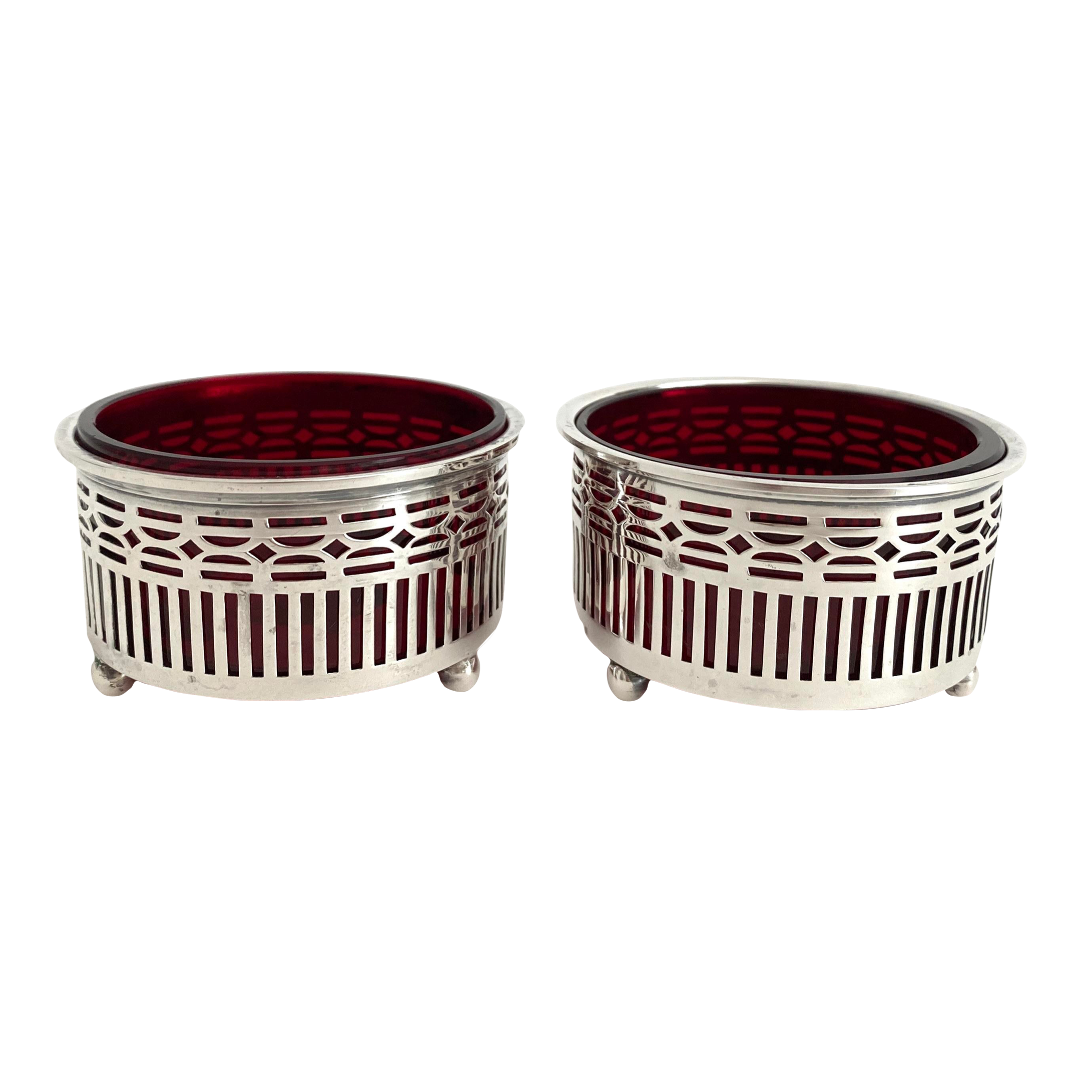 Sterling Salt Cellars W/Ruby Glass Inserts - a Pair | Chairish