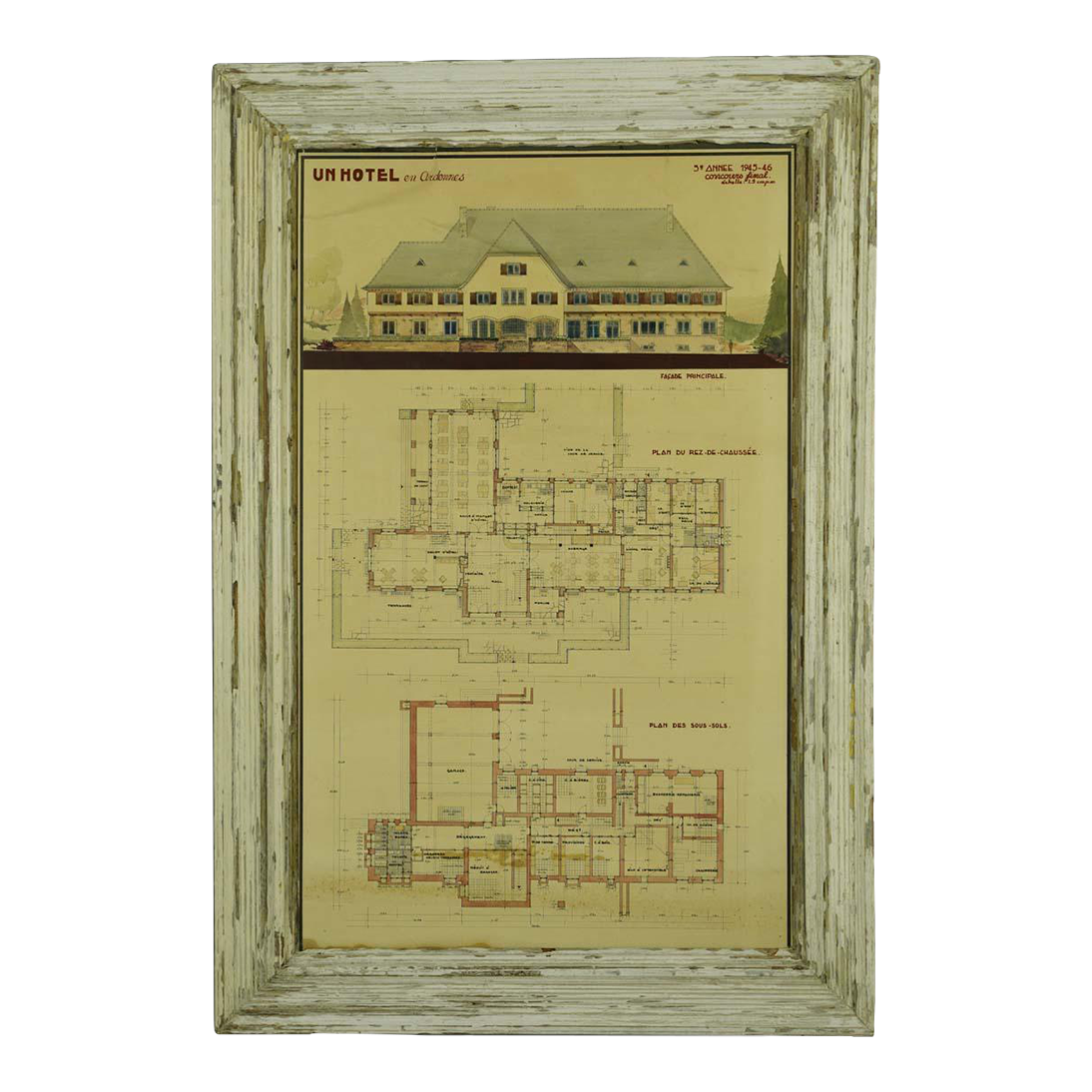 1940s Pine Framed French Hotel Blueprint | Chairish