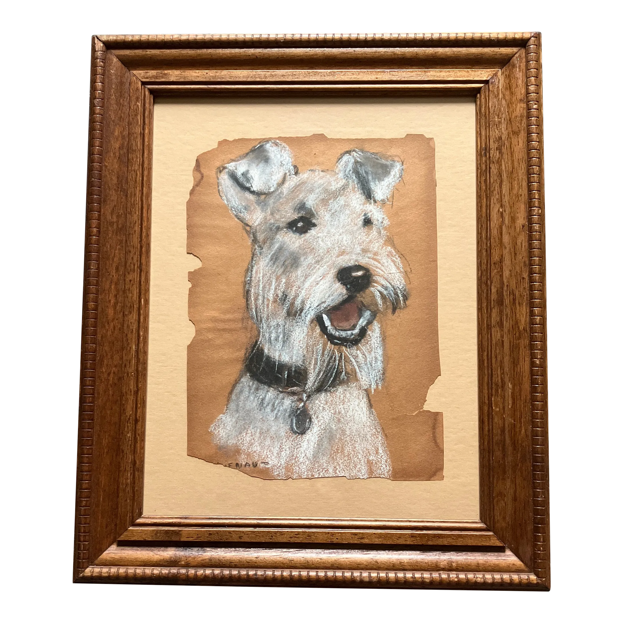 1950s Vintage Rustic Terrier Dog Pastel Drawing | Chairish