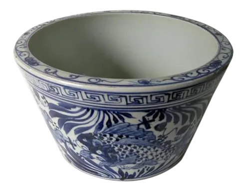 Chinese Blue and White Fish Bowl Planter | Chairish
