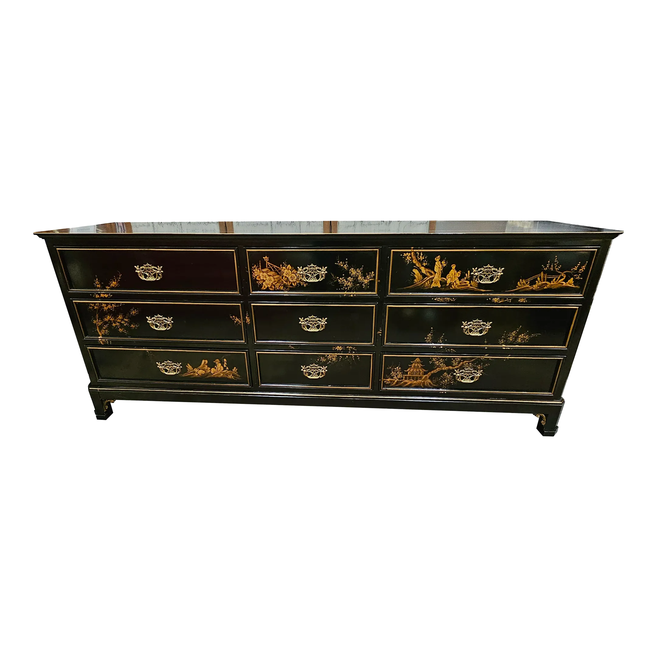 Chinoiserie 9 Drawer Black Lacquered Wood Credenza Dresser With Gold Hand Painting by Union National Chairish