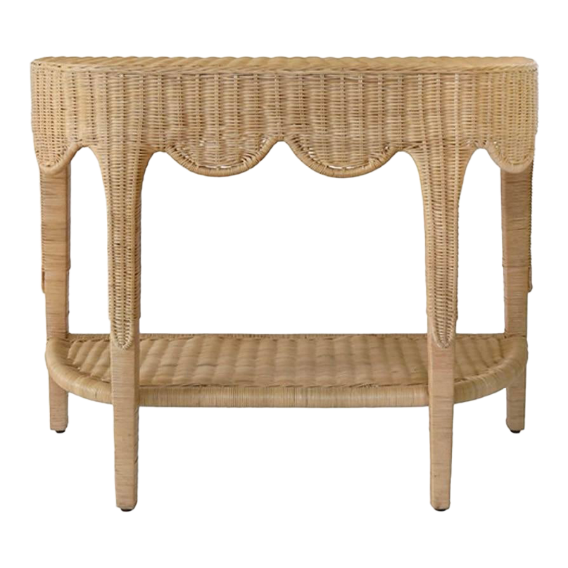 Matthew Izzo Home Scalloped Rattan Demi Lune Console | Chairish