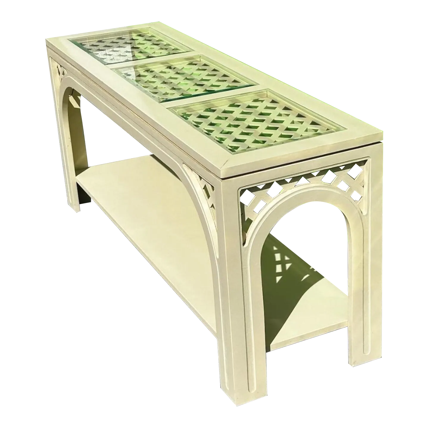 1970s Vintage Wood Palm Beach Chic Lattice Two Tier Console | Chairish