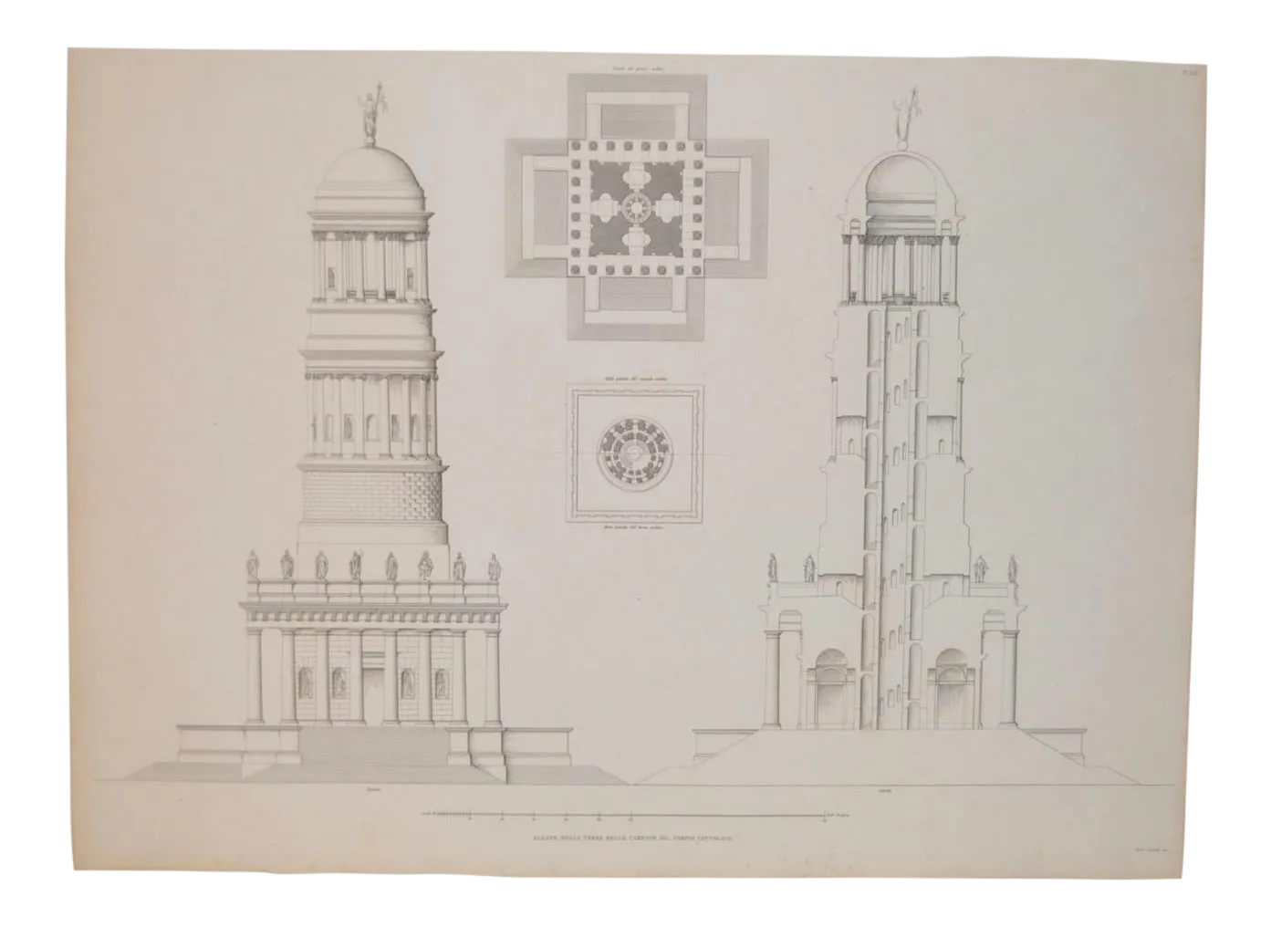 19th Century Architectural Engraving "Bell Tower of the Catholic Temple ...