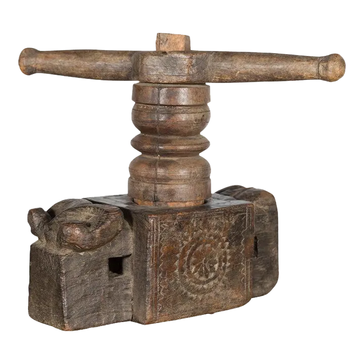 Antique Indian Wooden Hand Noodle Grinder with Carved Ram & Vice Press ...