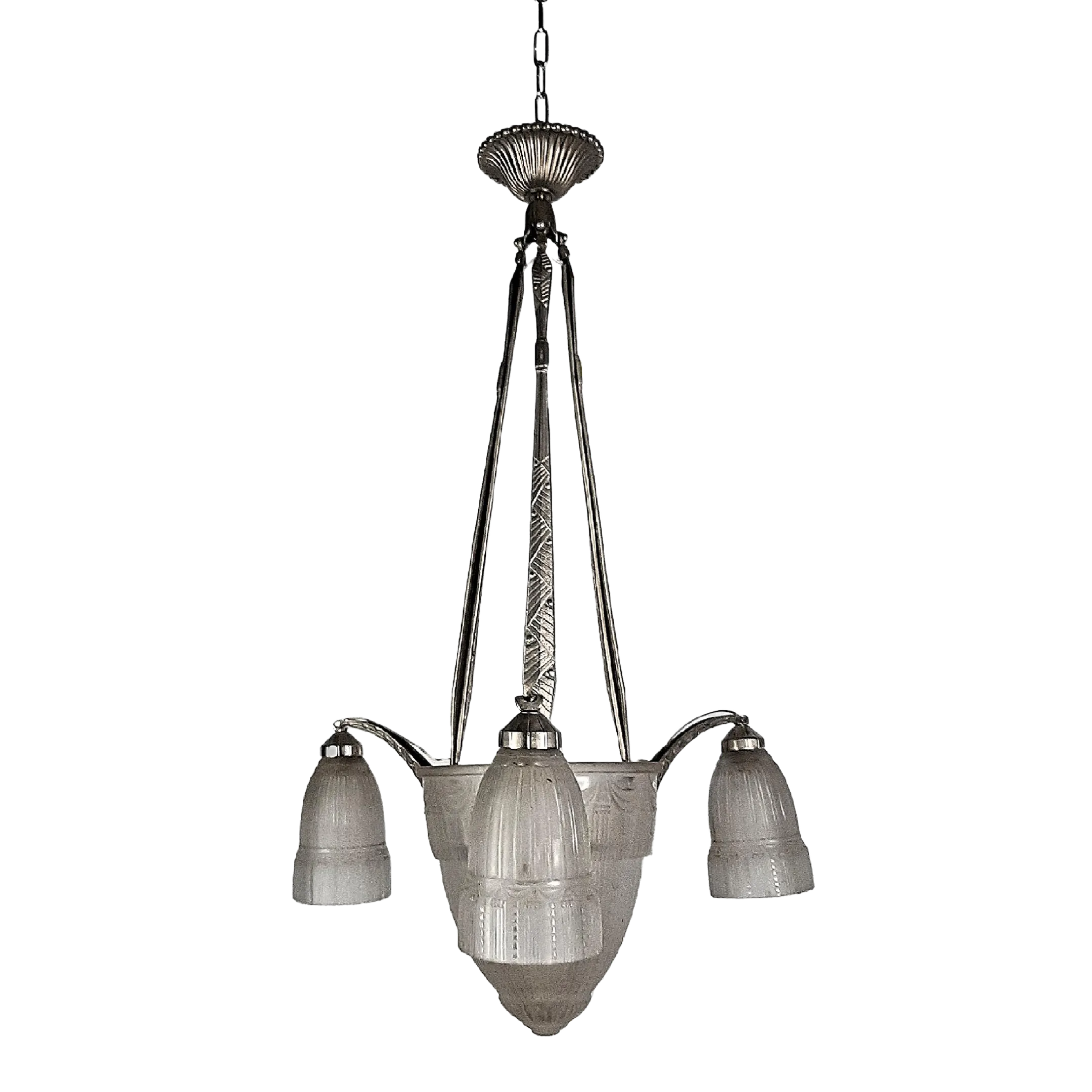 Muller Freres Art Deco Chandelier, Glass and Bronze Fixture Vintage ...