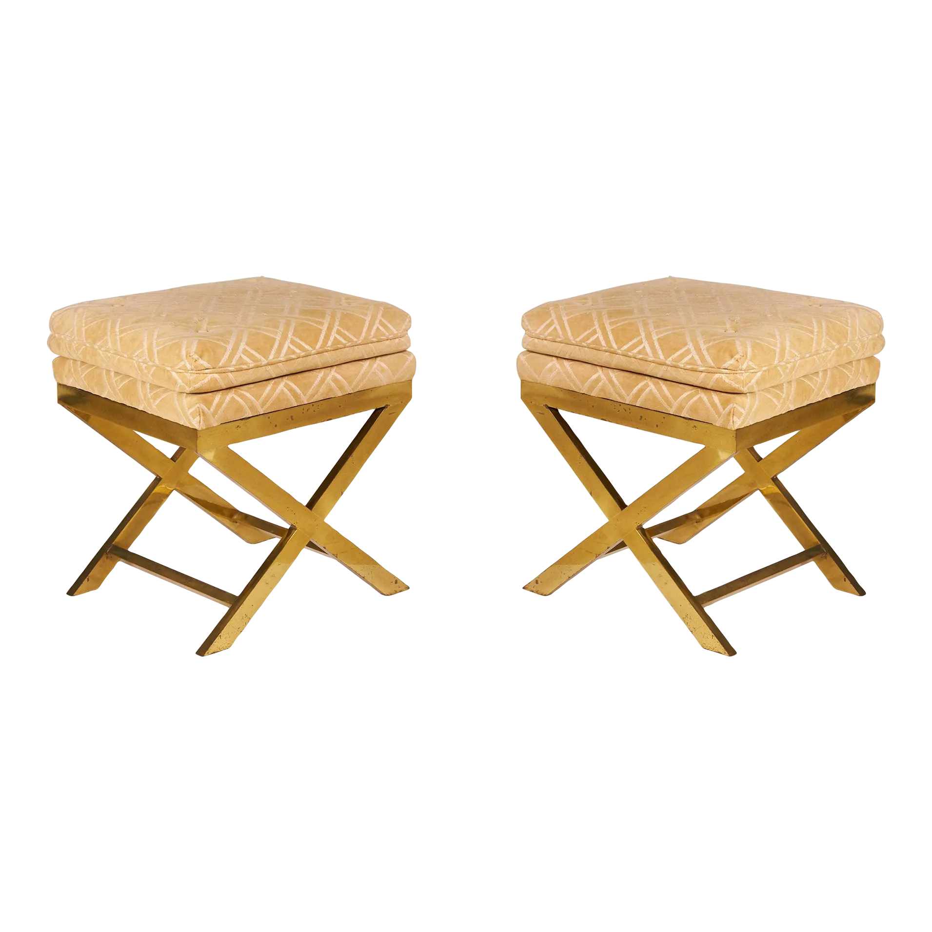 Mid-Century Brass and Lattice Patterned Tan Upholstered X-Benches - a ...