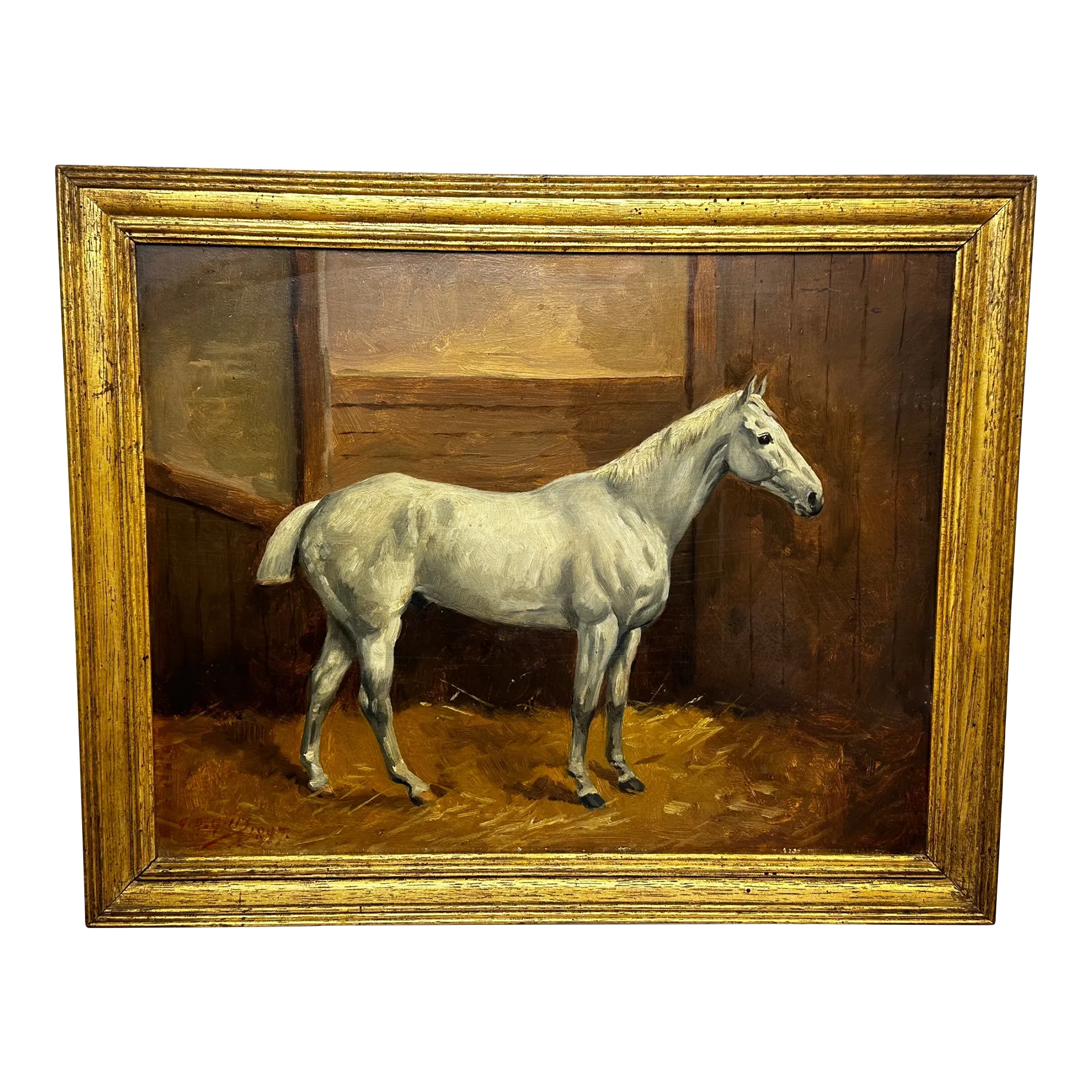 British Oil Painting of a Victorian White Horse in Stable by Godfrey ...