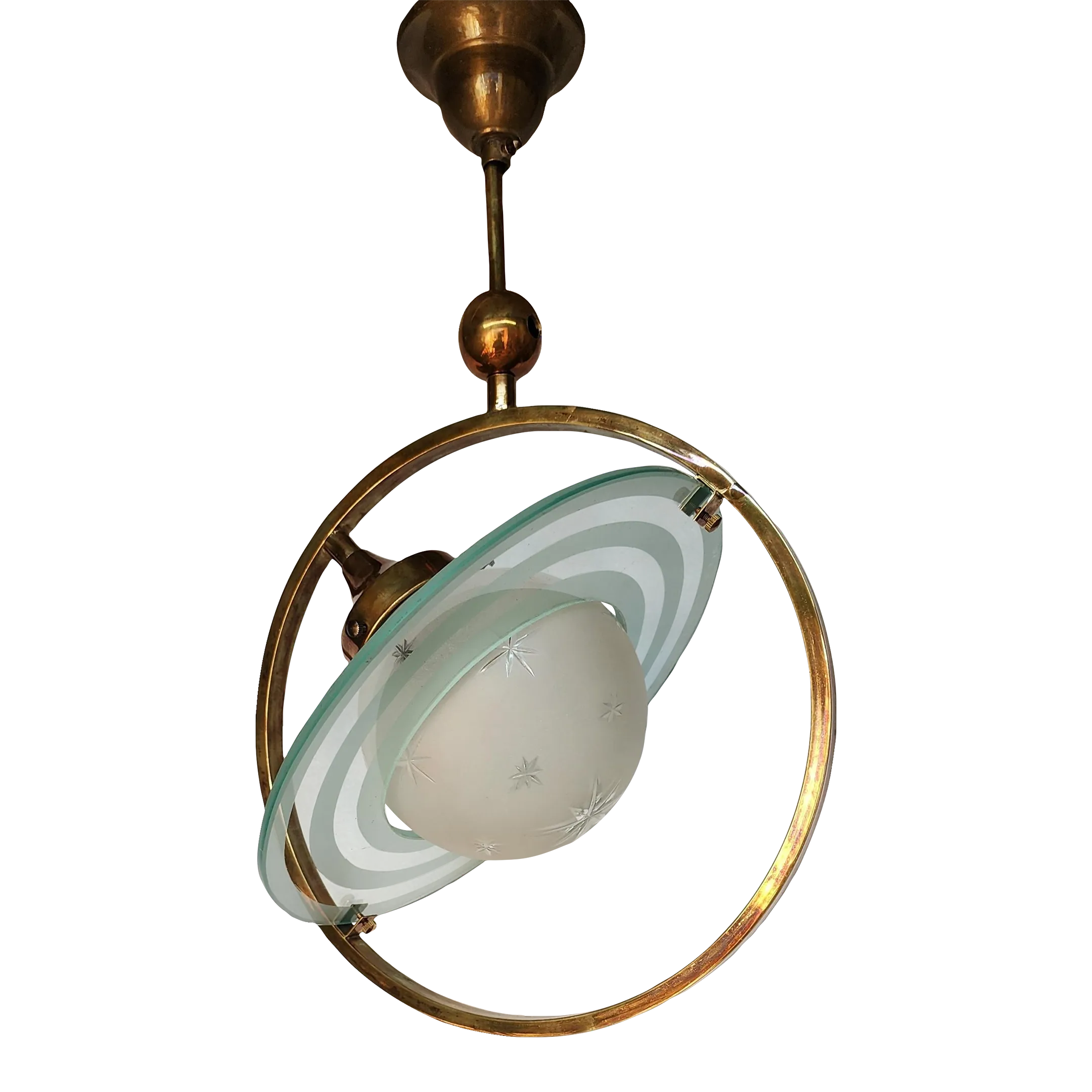 Vintage Art Deco Saturn Brass Hanging Light Frosted Star Glass Shade ...
