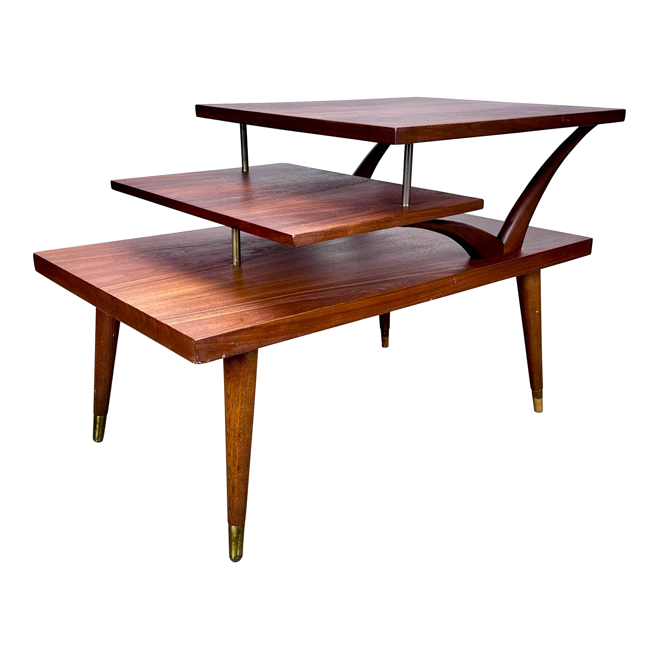 Mid Century Modern Walnut & Brass 3-Tier Side Table | Chairish