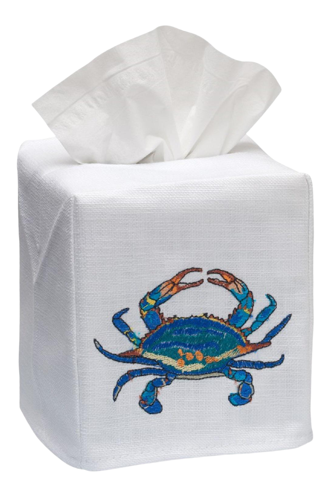 Blue Atlantic Crab Tissue Box Cover White Linen & Cotton, Embroidered ...