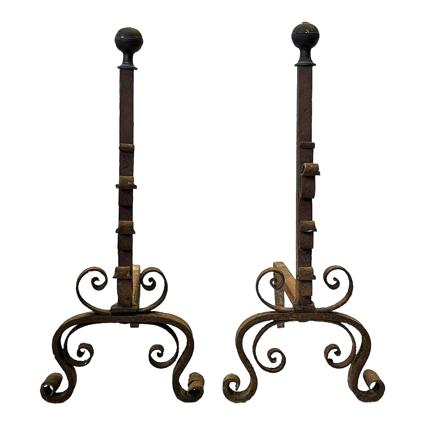 Early 1900's Mizner Hand Forged Wrought Iron Andirons- a Pair | Chairish