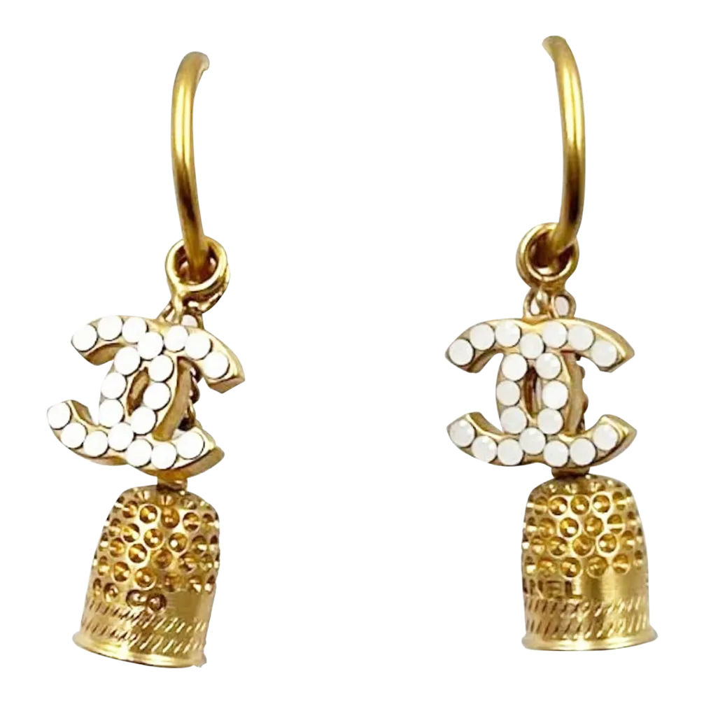 Vintage Chanel Gold Plated CC Opal Crystal 3 Way Thimble Piercing ...