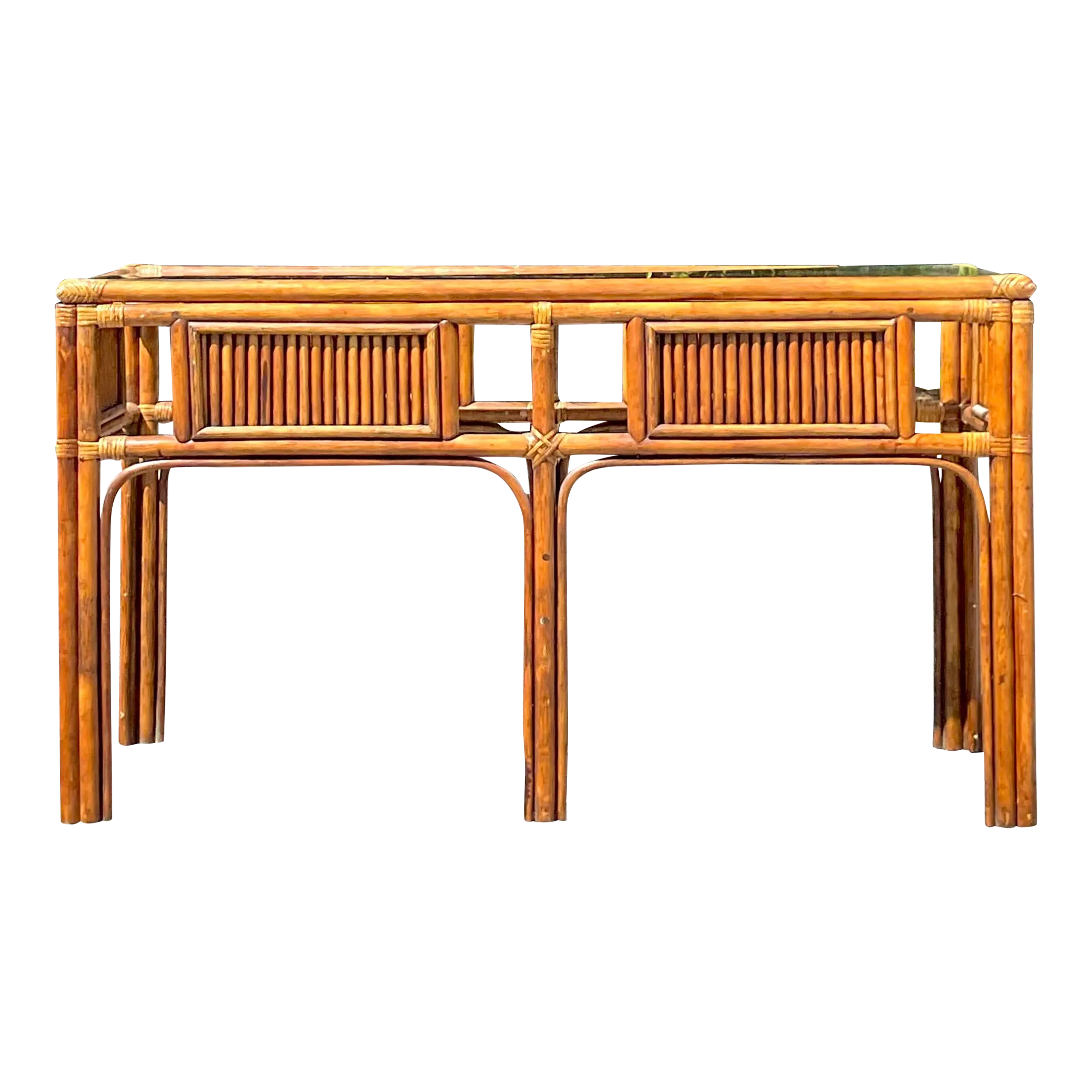 Vintage Coastal Rattan Console Table | Chairish