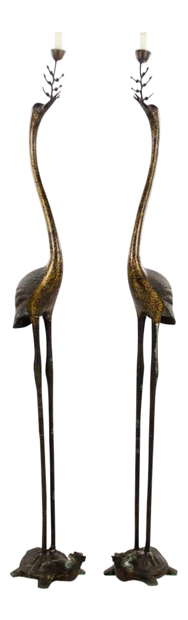 Chinese Bronze Crane Form Temple Candle Stands - a Pair | Chairish